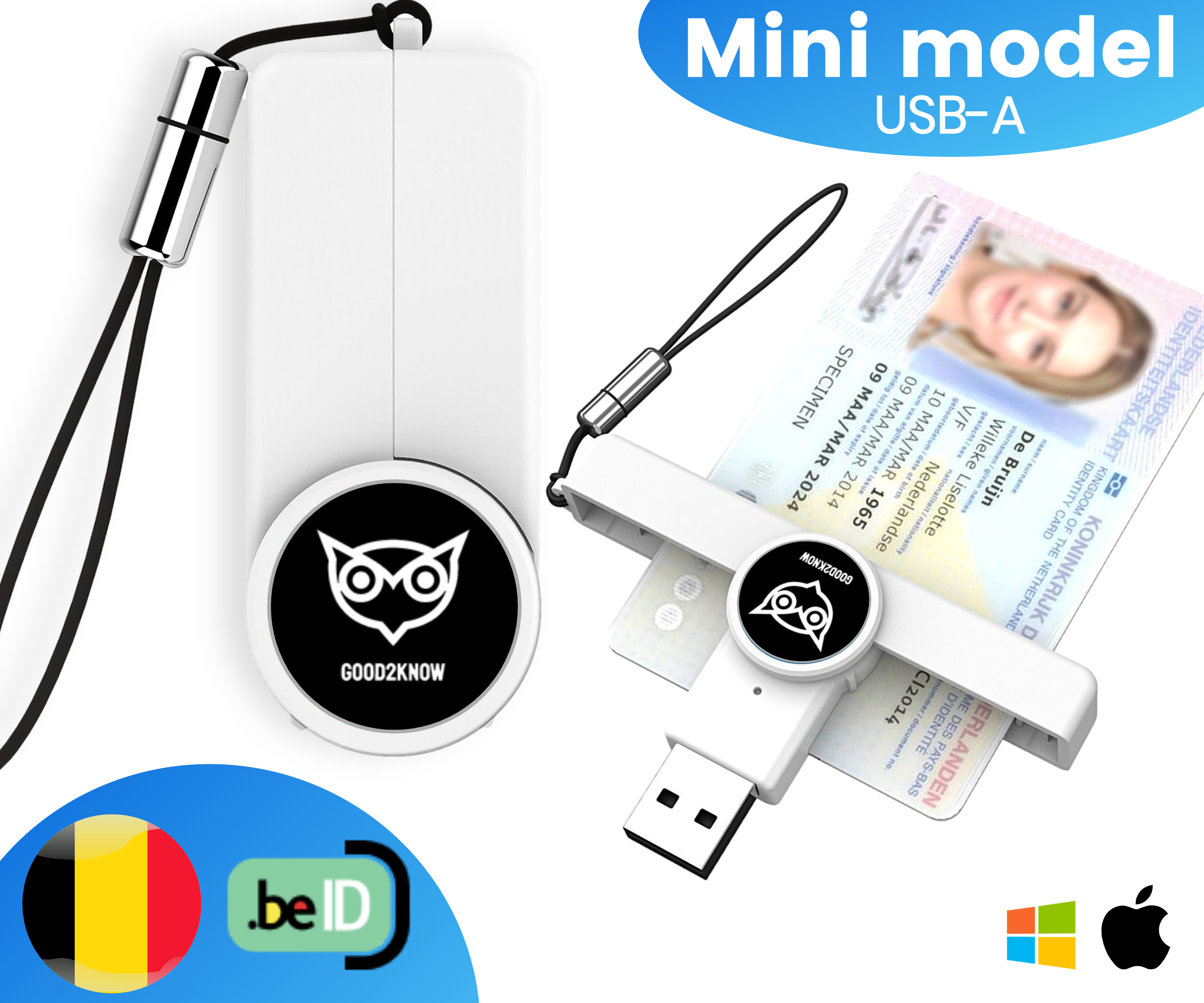 eID Kaartlezer mini USB A ID Lezer België WIT(G2K-32)